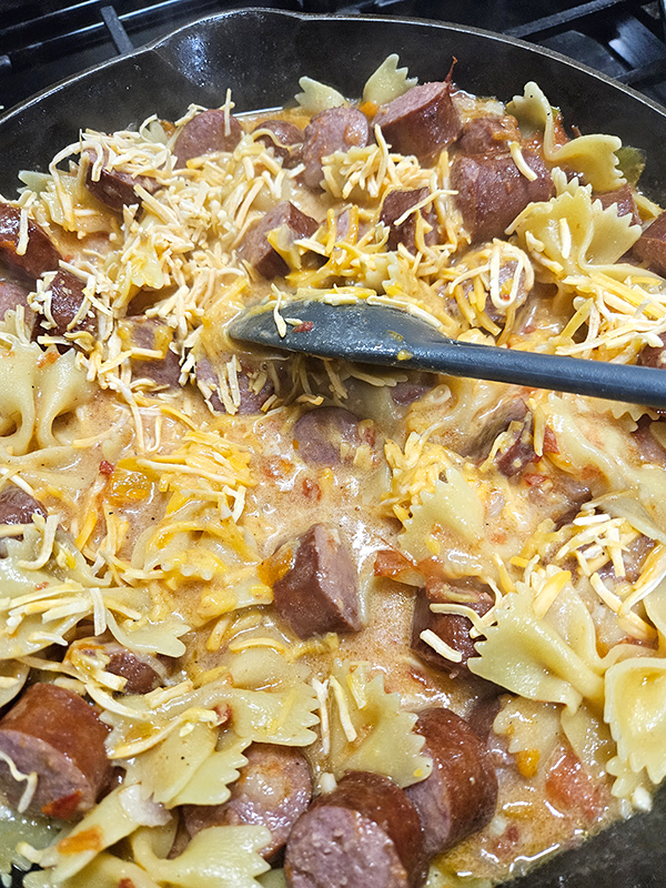 Cheesy Bowtie Pasta & Smoked Sausage - Quick One Skillet Meal