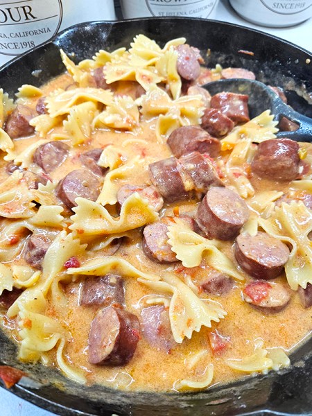 Cheesy Bowtie Pasta & Smoked Sausage - Quick One Skillet Meal