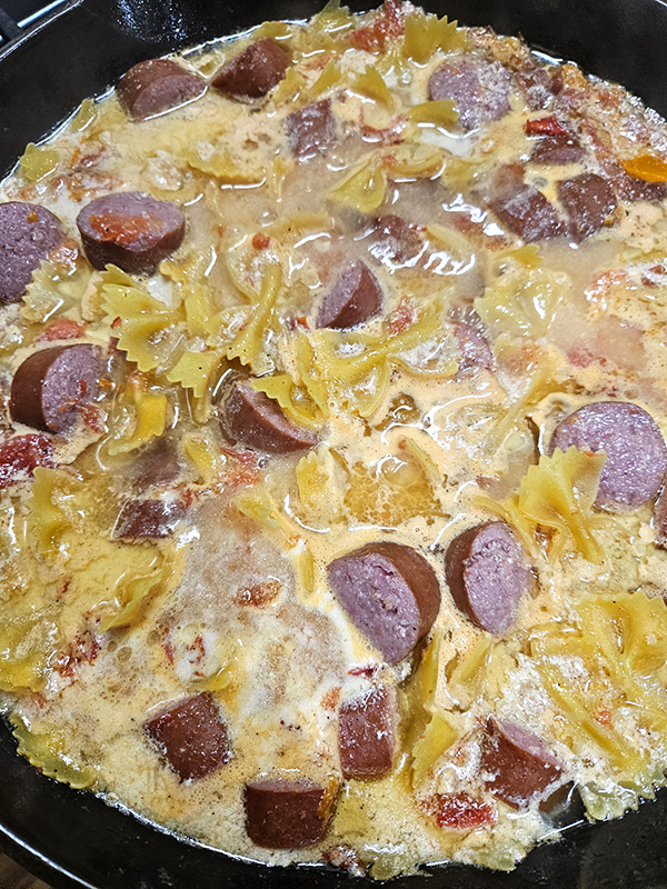 Cheesy Bowtie Pasta & Smoked Sausage - Quick One Skillet Meal