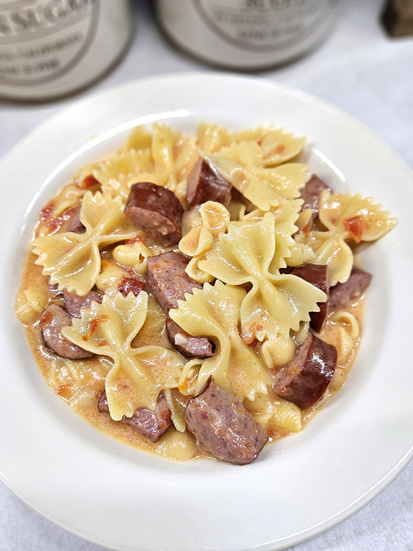 Cheesy Bowtie Pasta & Smoked Sausage - Quick One Skillet Meal