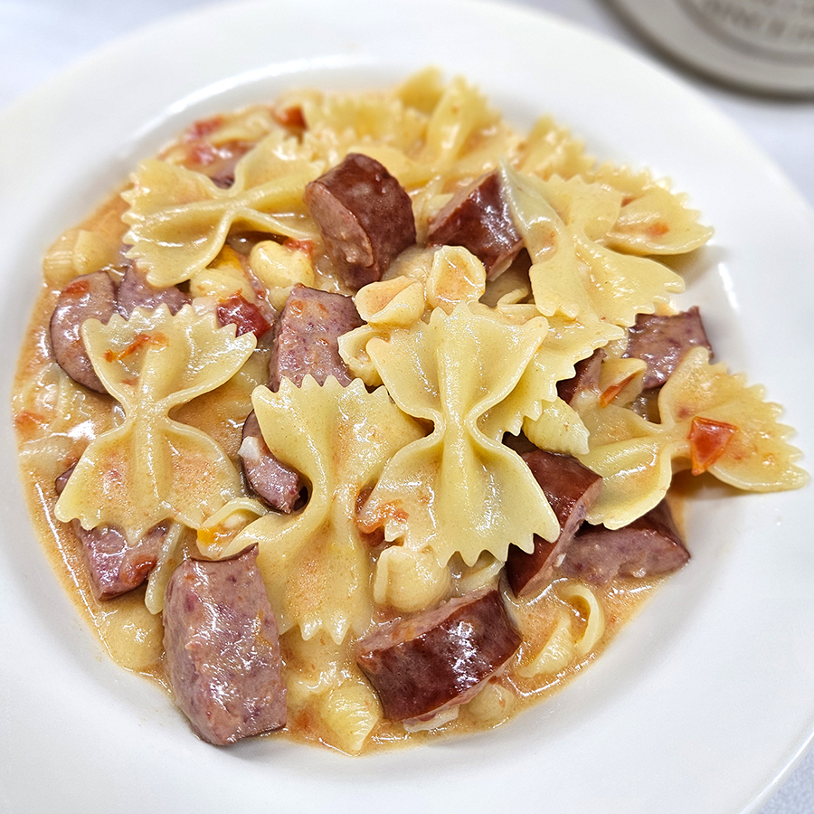 Cheesy Bowtie Pasta & Smoked Sausage - Quick One Skillet Meal